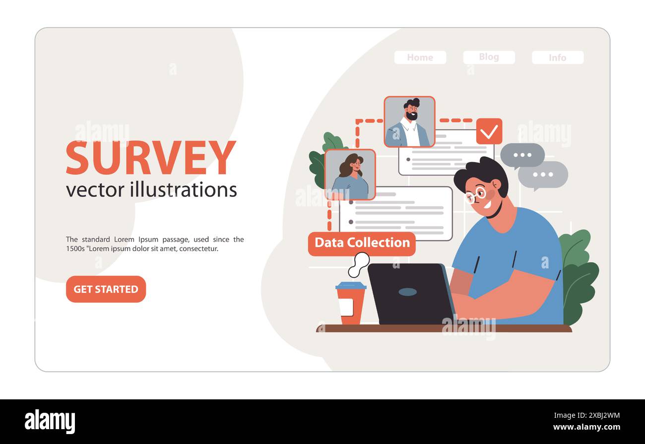 Public opinion poll data web banner or landing page. Male character ...