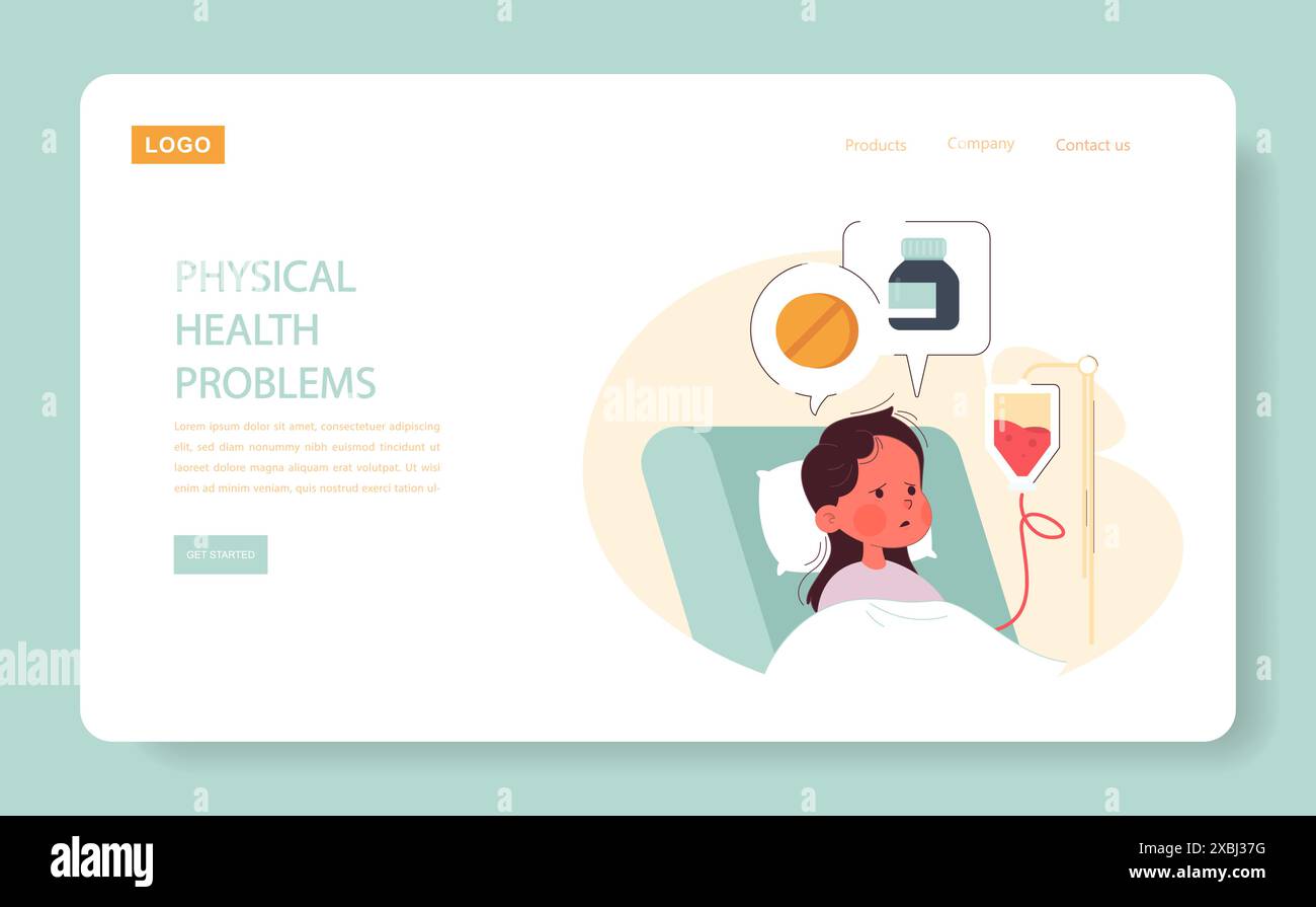 Ill little girl lying in hospital ward bed web banner or landing page ...