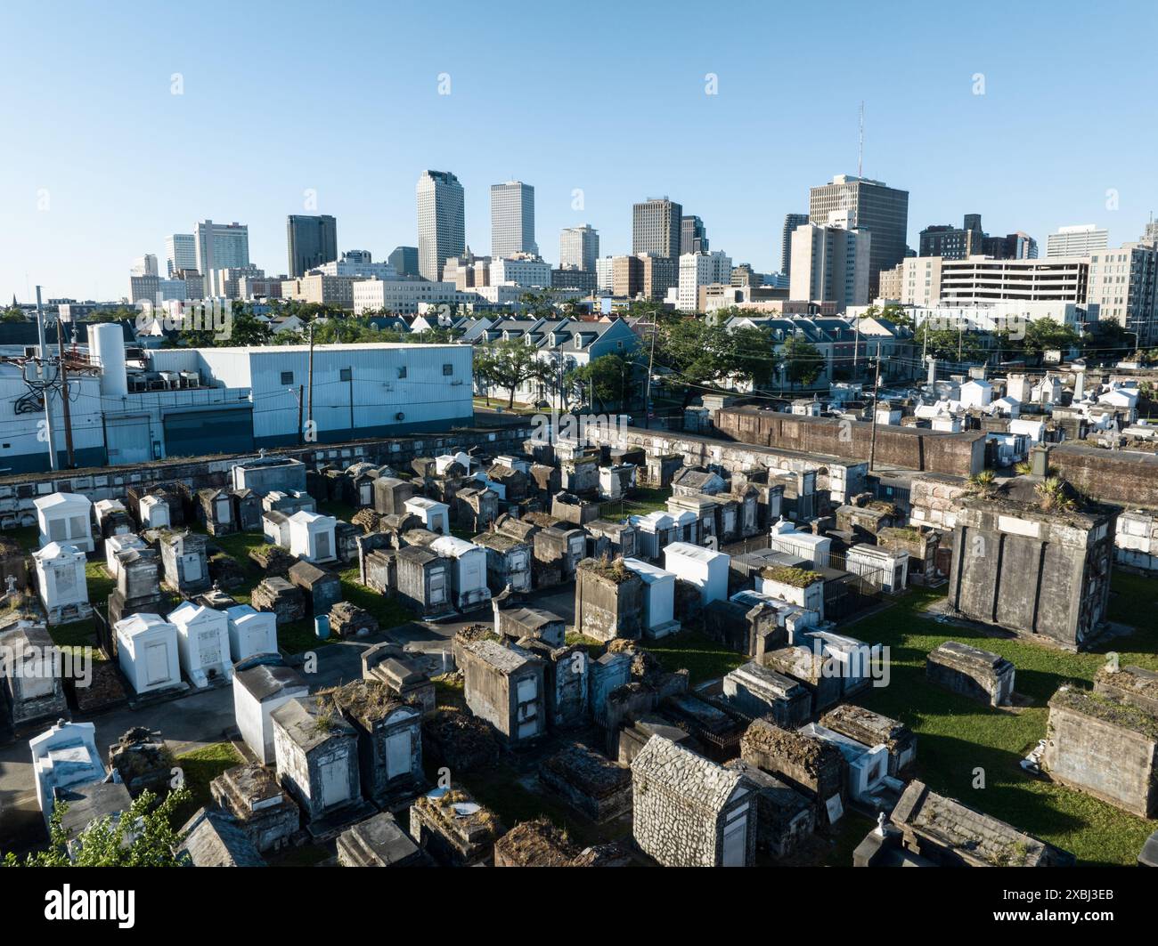 Aerial view of a historic New Orleans cemetery with countless tombs and ...