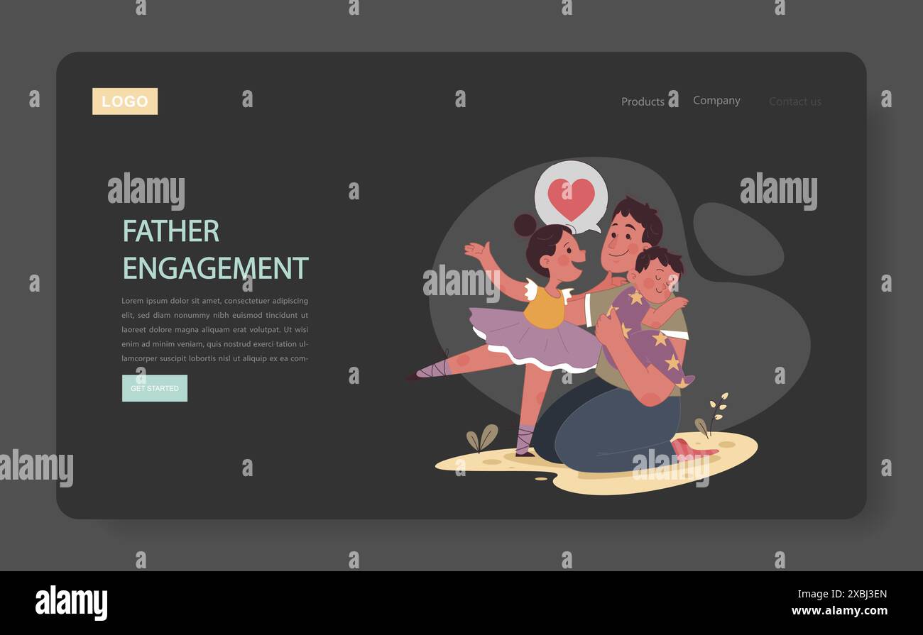 Engaged or committed fatherhood web banner or landing page. Dad hug his ...