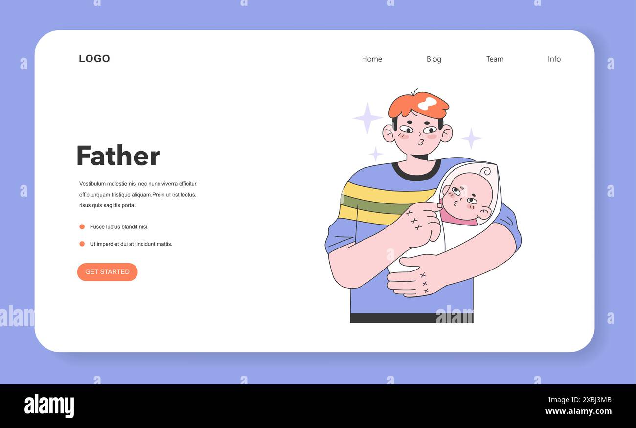 Fatherhood web banner or landing page. Happy young dad holding a ...