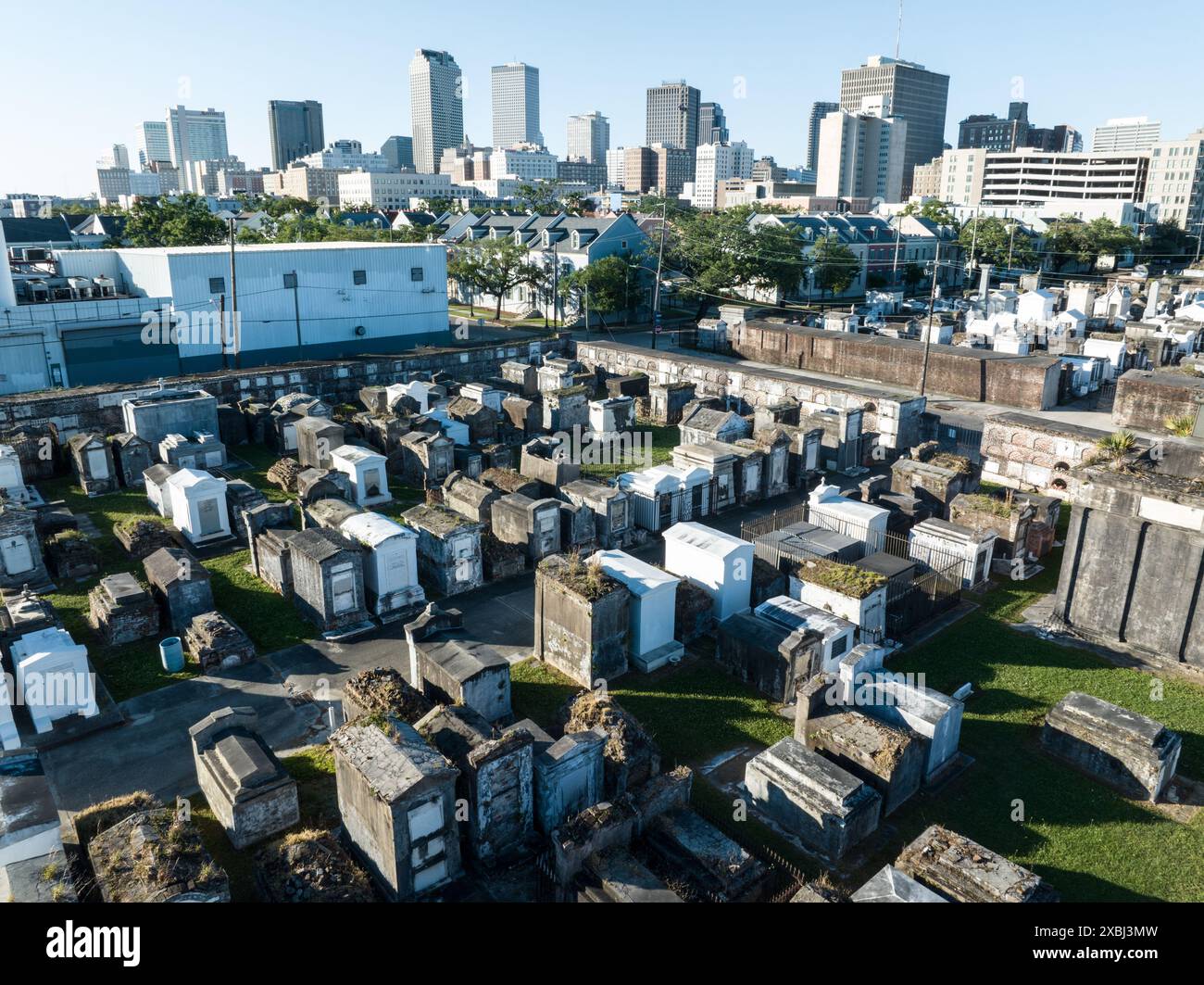 Aerial view of a historic New Orleans cemetery with countless tombs and ...