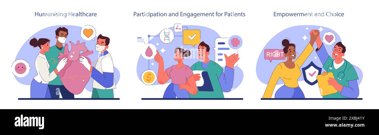 Humanizing healthcare set. Modern hospital and physician approach on ...