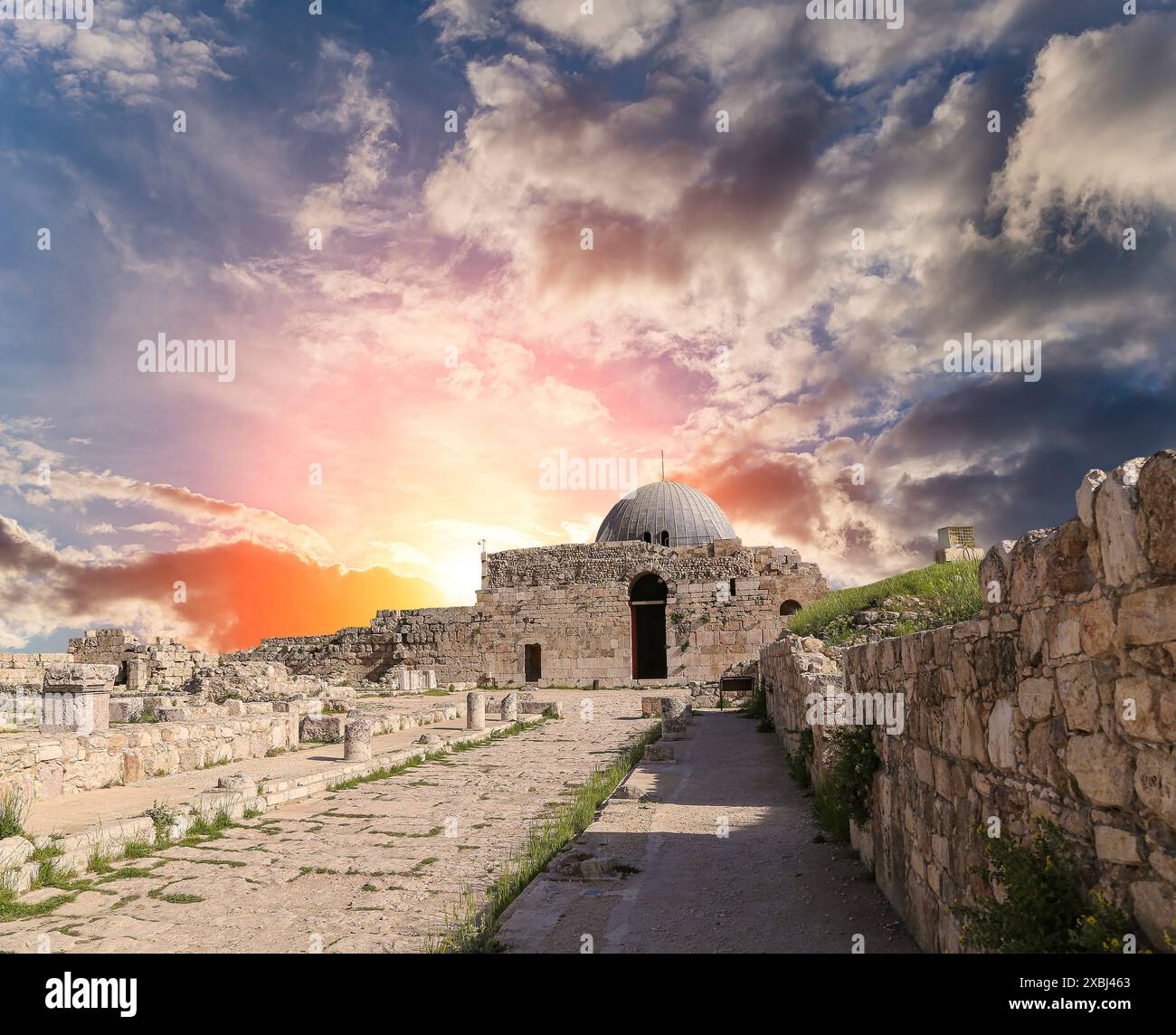 Amman city landmarks-- old roman Citadel Hill, Jordan. Against the ...