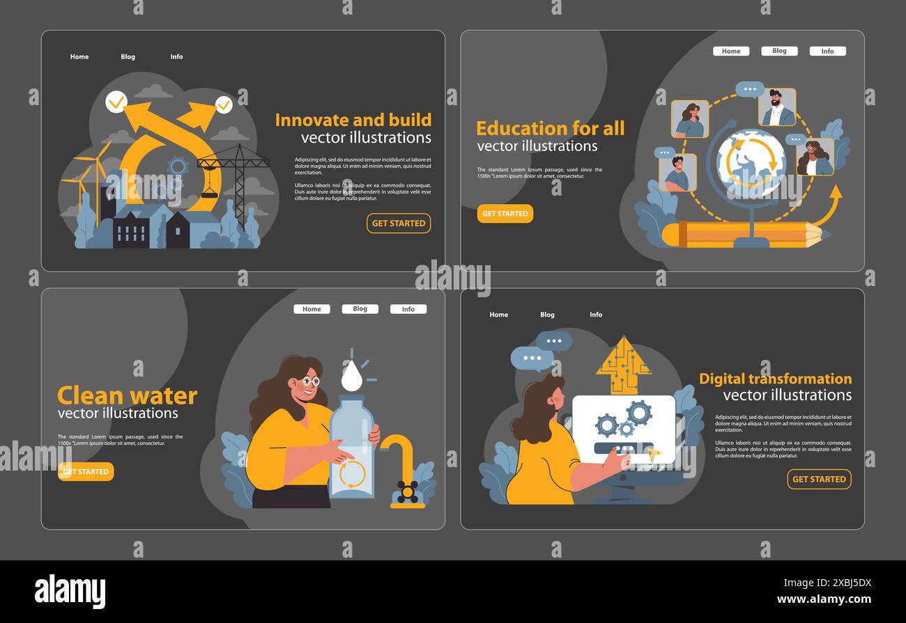 SDG or sustainable development goals night or dark mode web banner or landing page set. Global ...