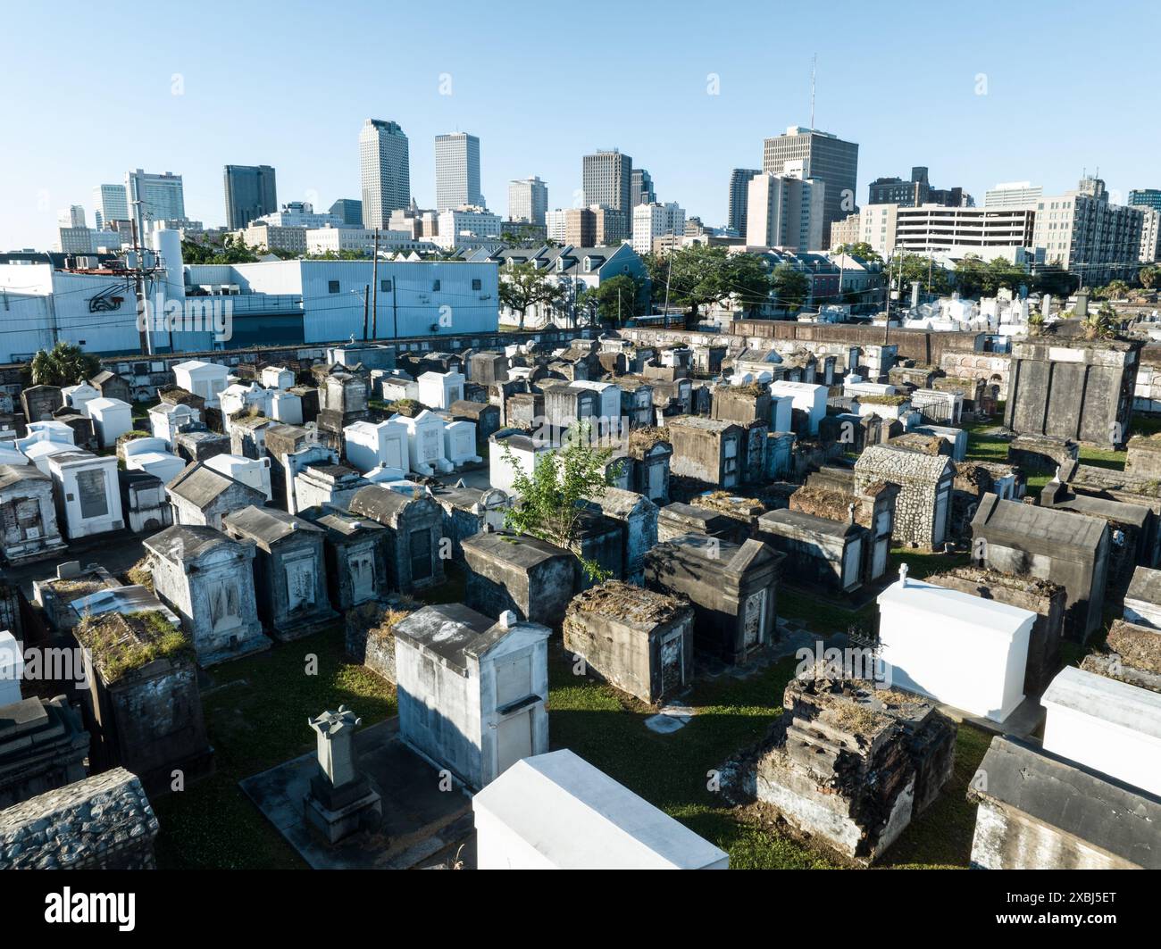 Aerial view of a historic New Orleans cemetery with countless tombs and ...