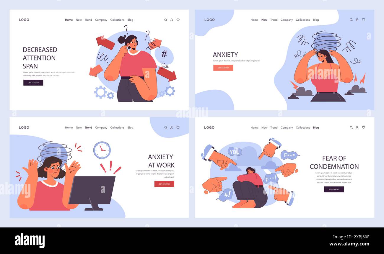 Anxiety web banner or landing page set. Character mental health issues ...