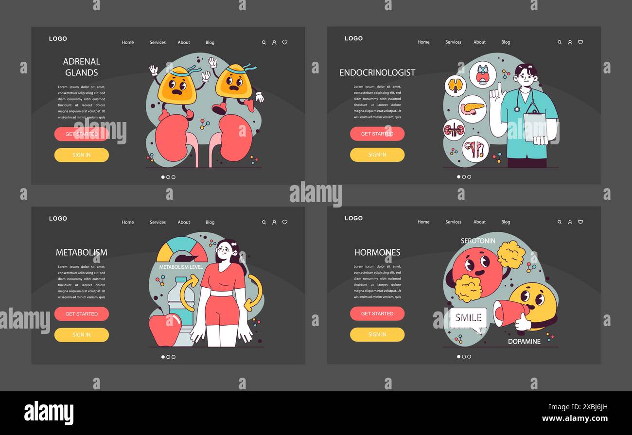 Endocrine system organs and disease web banner or landing page. Human ...