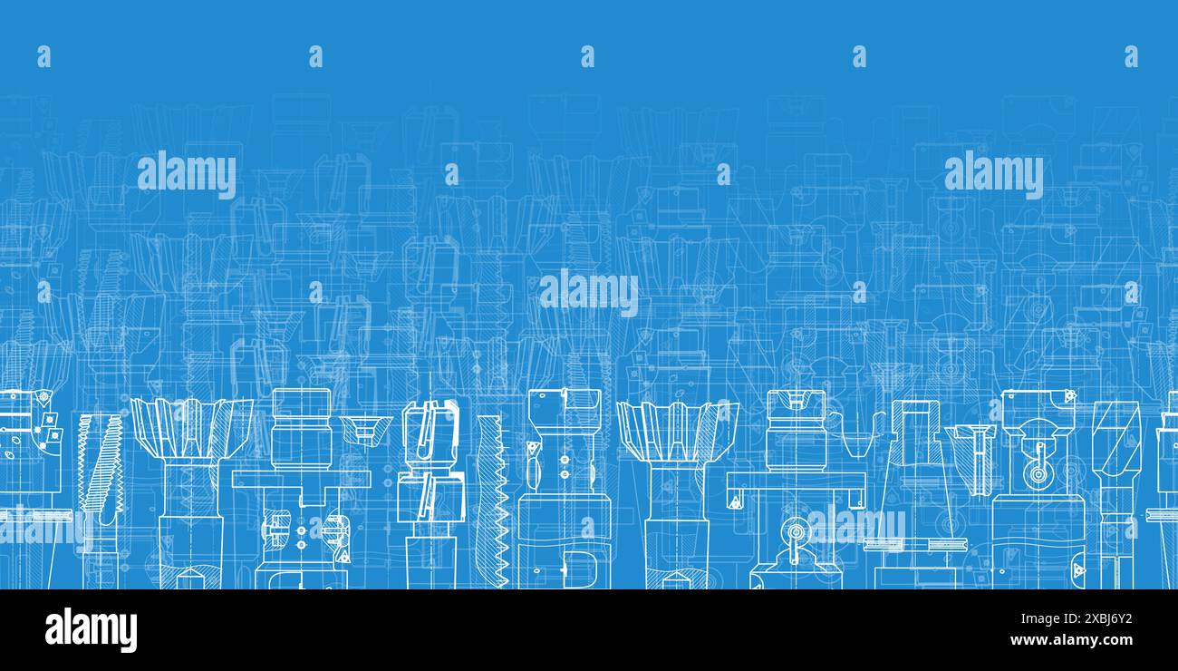 Mechanical engineering drawings on blue background. Tap tools, borer ...