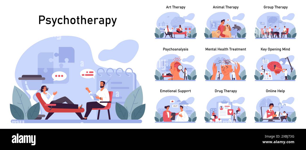 Psychotherapy set. Psychiatrist consulting a patient on mental health ...