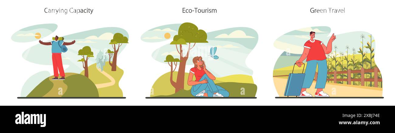 Sustainable tourism set. Ecotourism, eco-friendly recreation ...