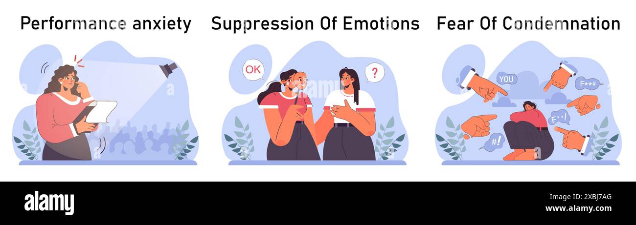 Anxiety set. Character mental health issues. Woman coping with ...