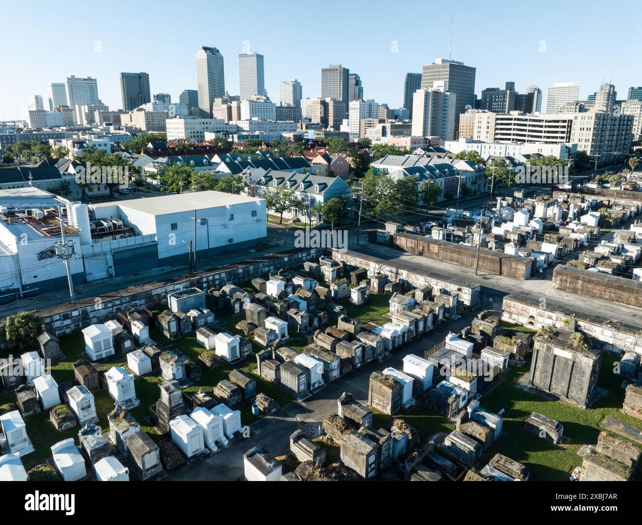 Aerial view of a historic New Orleans cemetery with countless tombs and ...