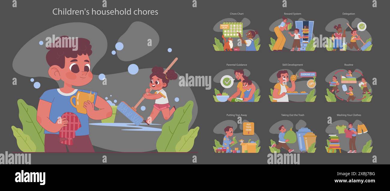Child doing household chores night or dark mode set. Formation of your ...