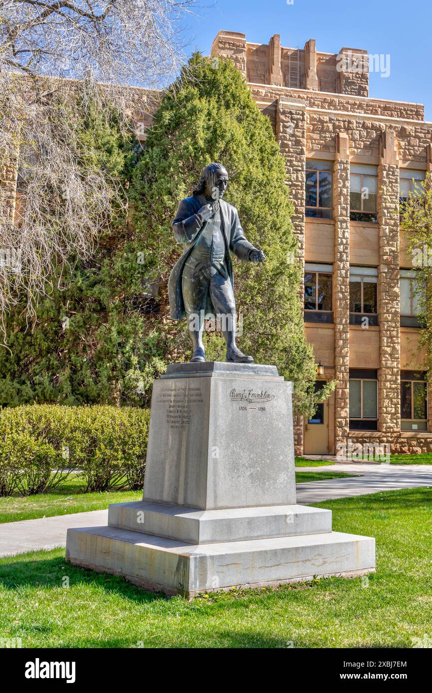 LARAMIE, WY, USA - MAY 13, 2024: Ben Franklin statue at the University ...