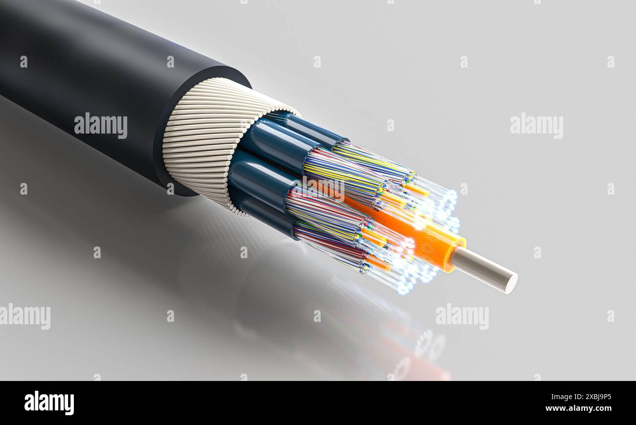 Fiber optic cable digital data glowing end internet connection fast ...