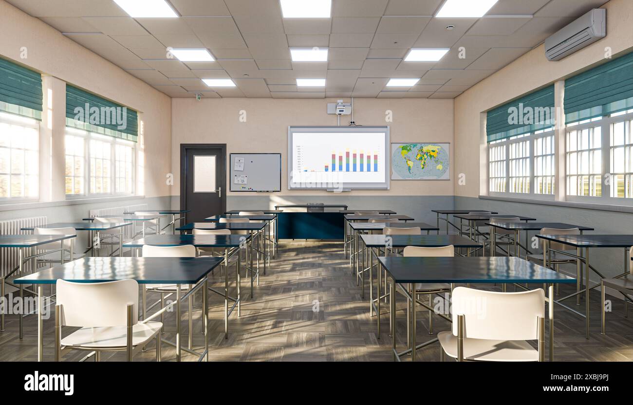 Empty school classroom interior desks whiteboard displaying charts ...