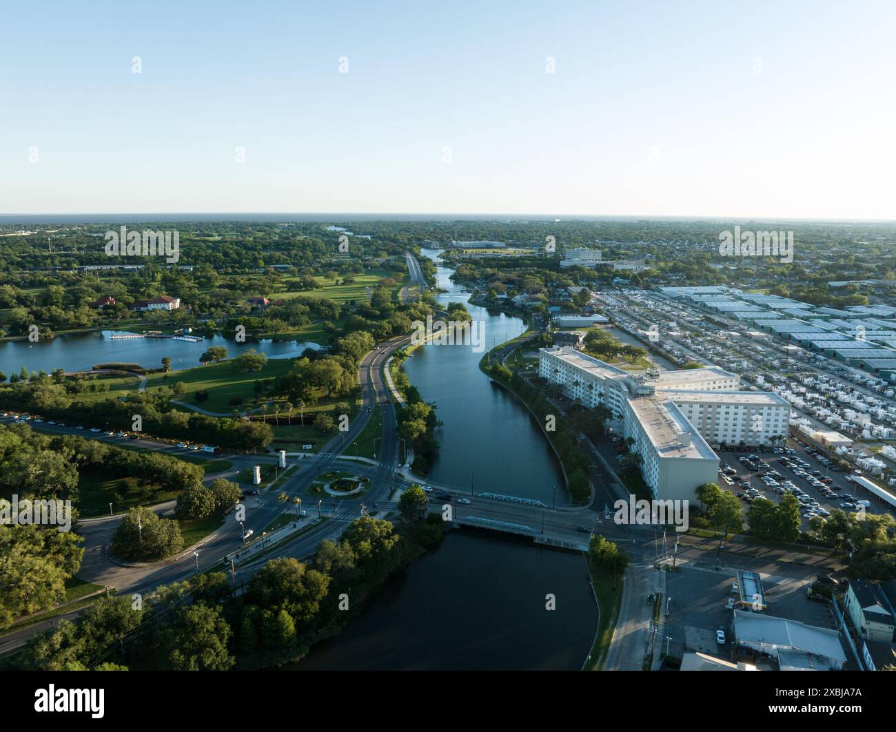 Aerial view of the historic Bayou St. John winding through a lush New ...