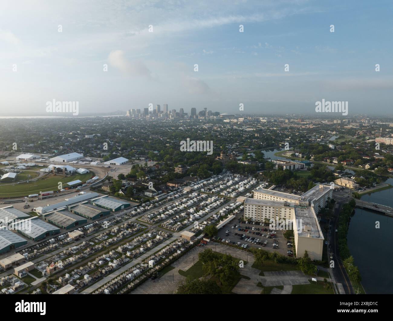Aerial view of the historic Bayou St. John winding through a lush New ...