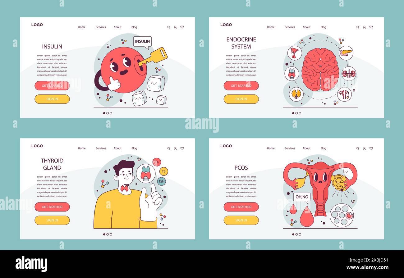 Endocrine system organs and disease web banner or landing page. Human ...