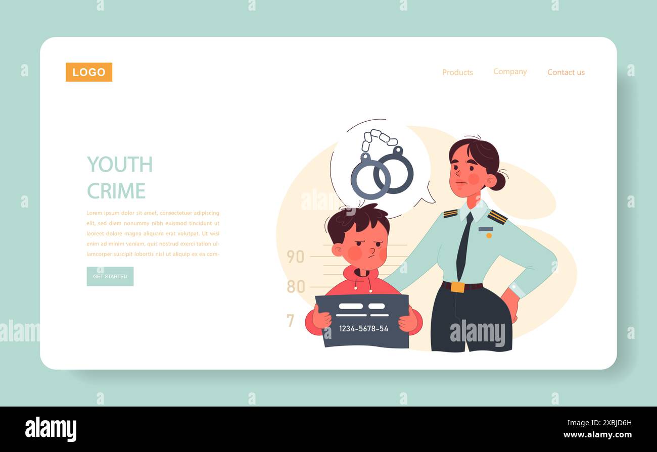Juvenile, underage crime web banner or landing page. Female police ...