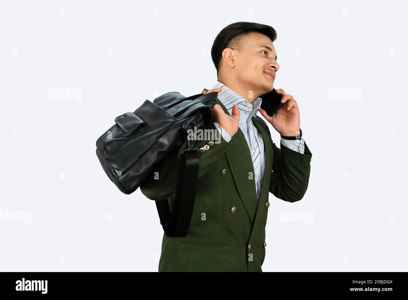 A Business man in formal attire giving gestures and expressions with ...