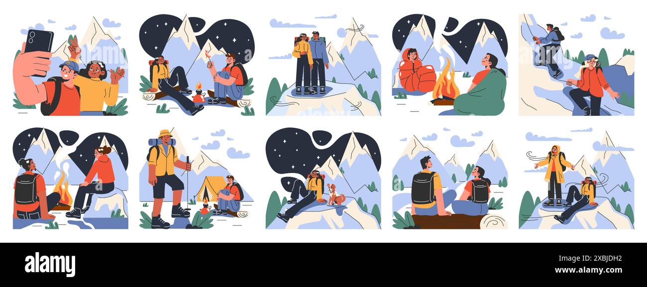 Mountaineering set. Mountain climbers with backpacks during nature ...