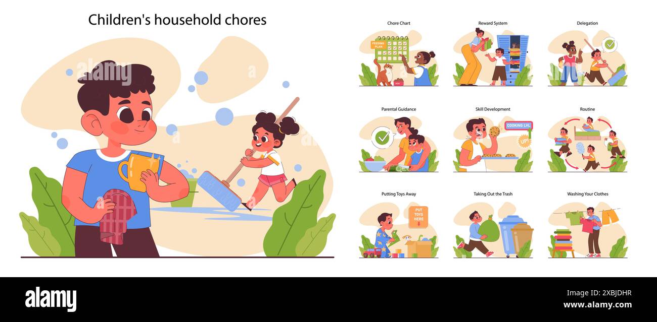 Child doing household chores set. Formation of your child's ...