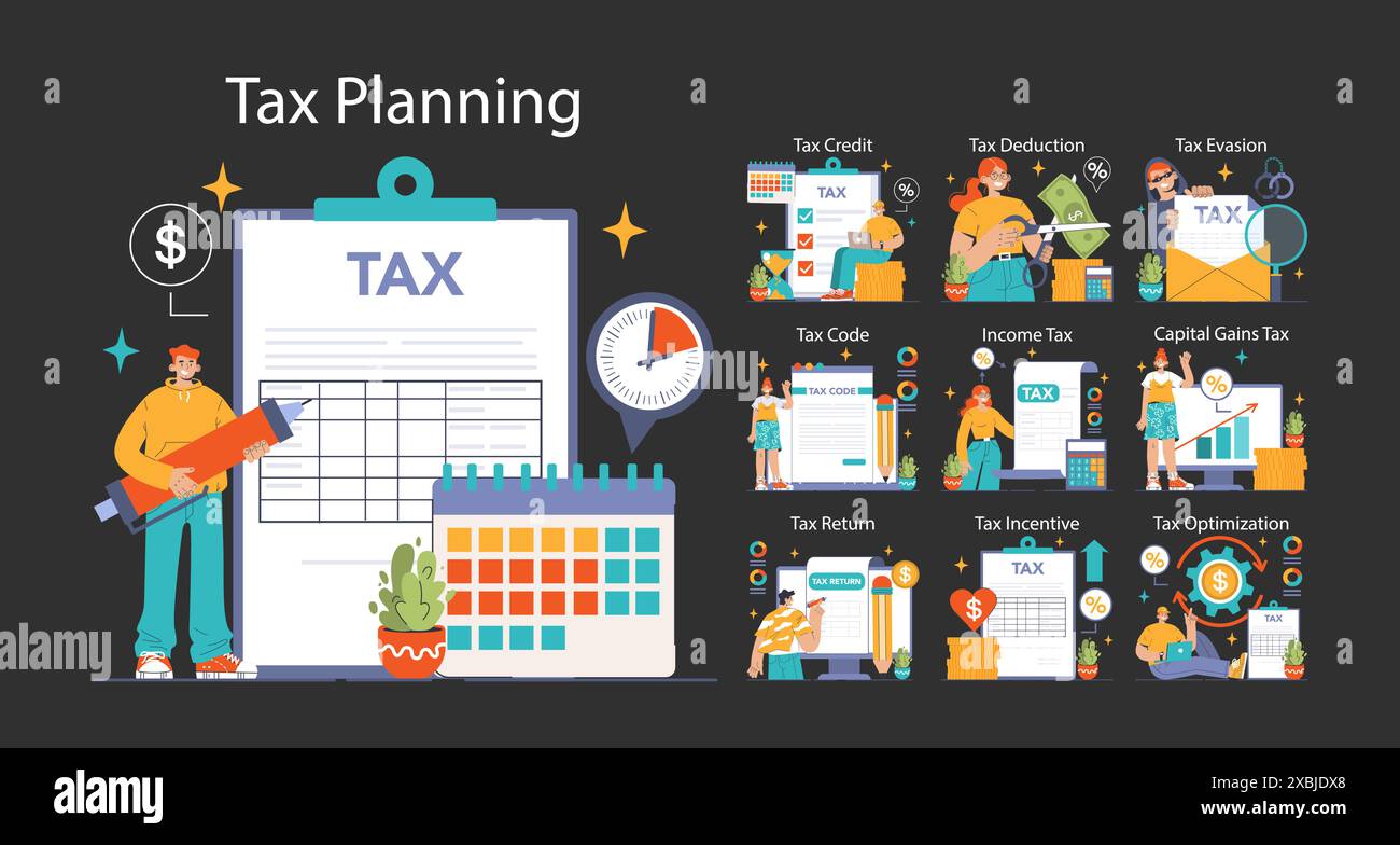 Tax optimization dark or night mode set. Financial efficiency ...
