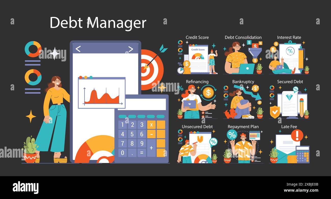Debt management dark or night mode set. Organization, tracking and ...