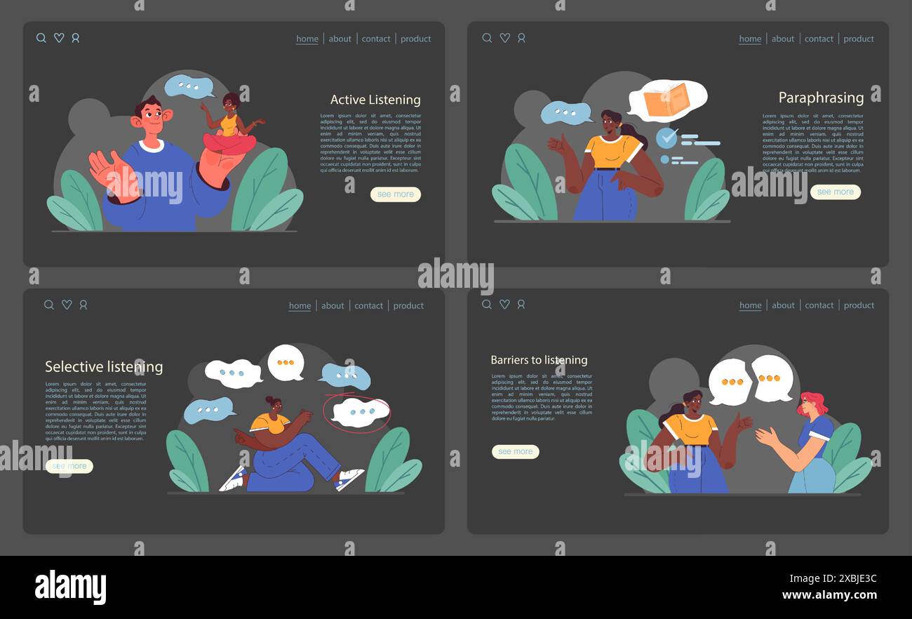 Active listening skill web banner or landing page dark or night mode ...