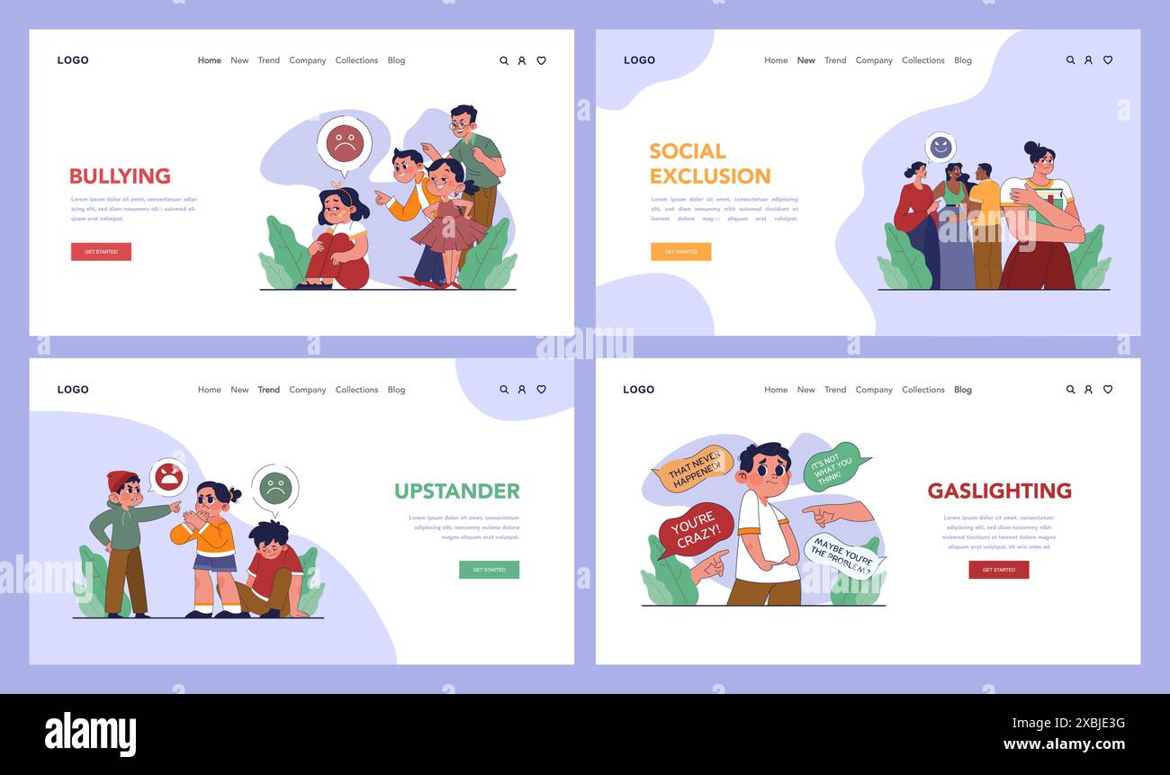 Bullying web banner or landing page set. Upset victim being shamed by ...