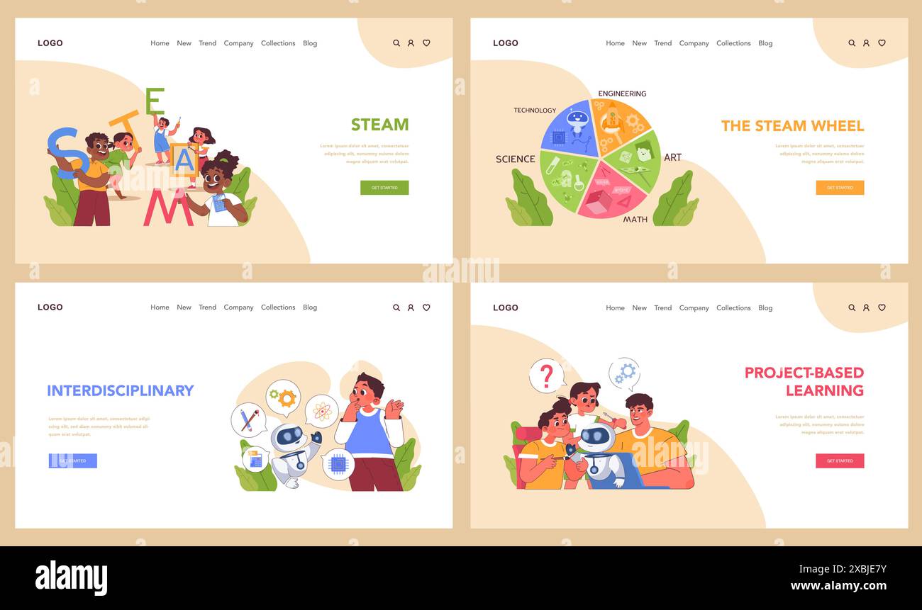 STEAM education web banner or landing page set. Schoolers gaining knowledge about technologies ...