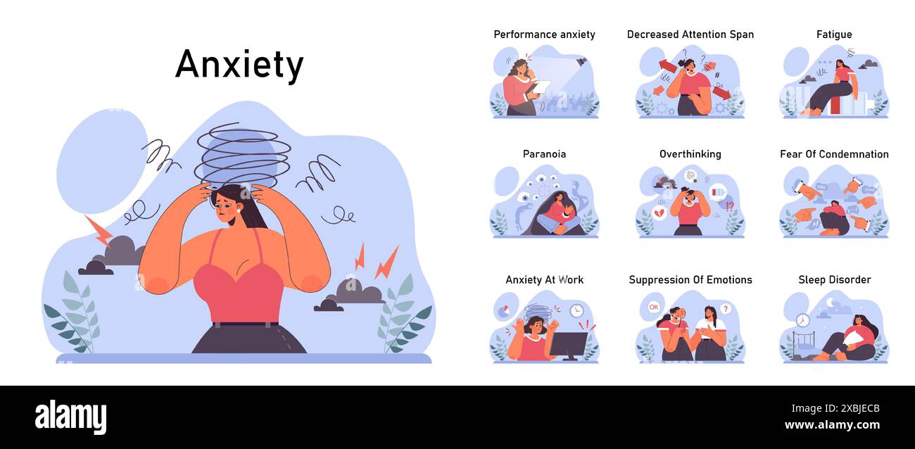 Anxiety set. Character mental health issues. Woman coping with ...