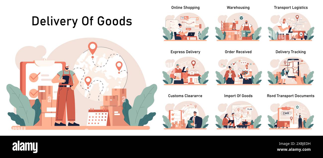 Delivery of goods set. Warehousing, logistics and delivery of customer ...