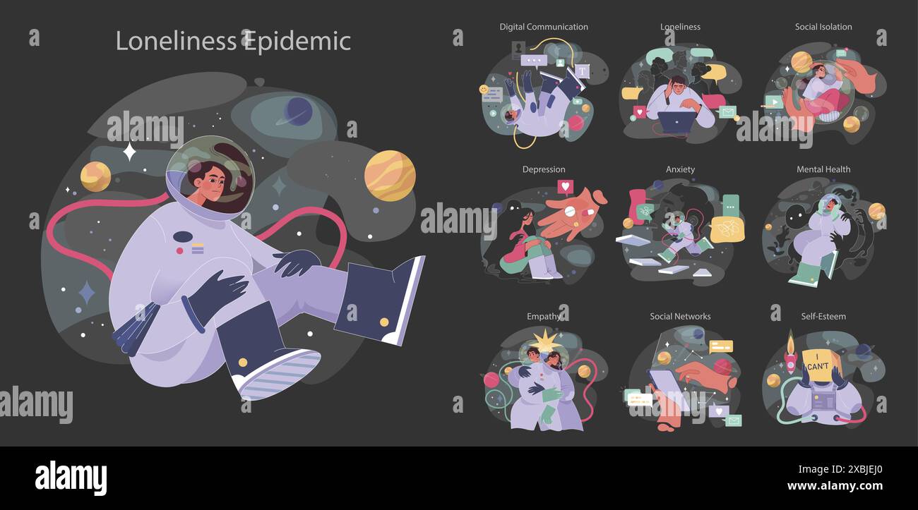 Loneliness dark or night mode set. Unhappy person, astronaut left alone ...