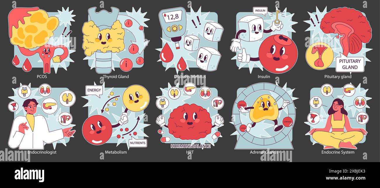 Endocrine system organs and disease night or dark mode set. Pituitary ...