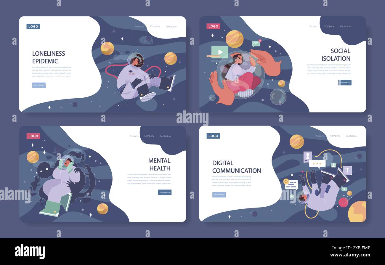 Loneliness web banner or landing page set. Unhappy person, astronaut ...