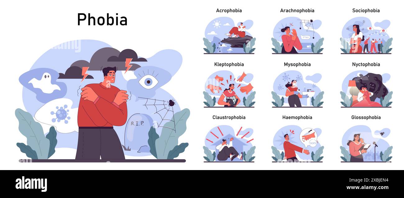 Phobia set. Human's irrational inner fears and panic. Mental disorder ...