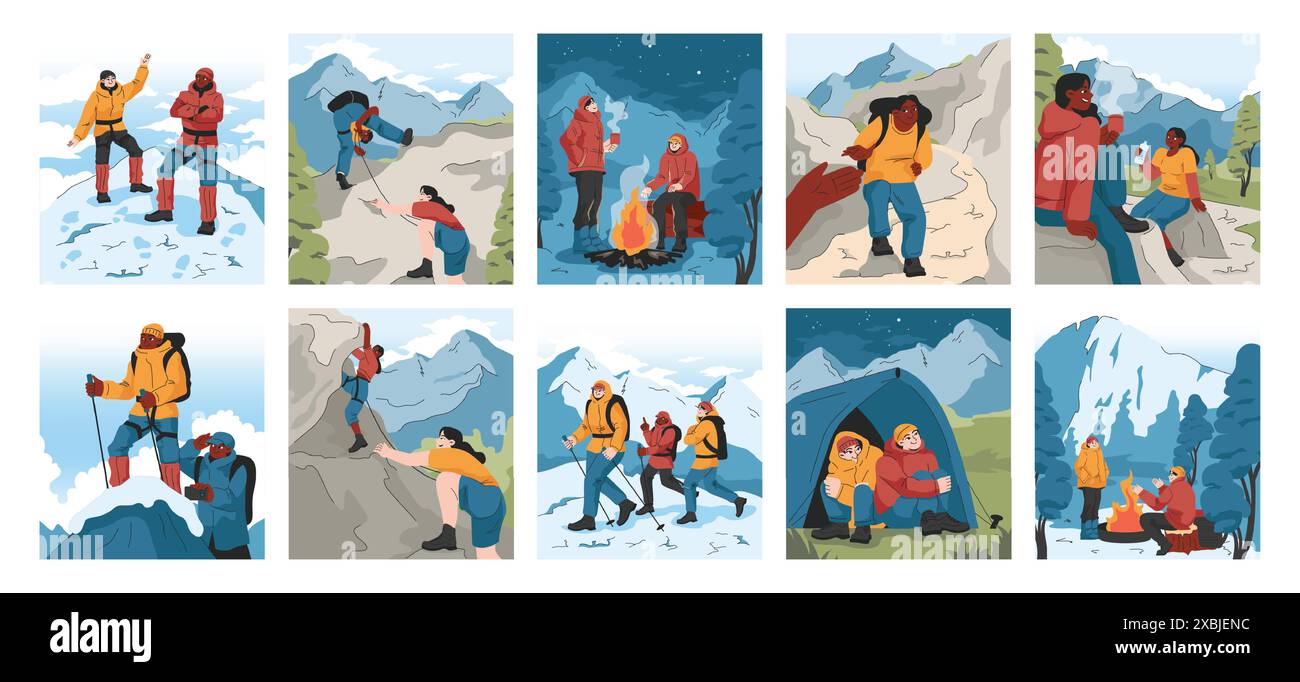 Mountaineering set. Mountain climbers with backpacks during nature ...