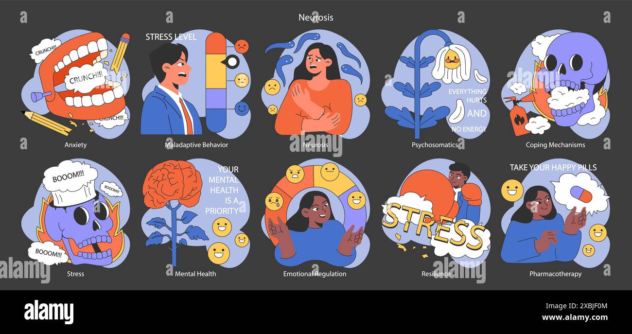 Neurosis dark or night mode set. Chronic stress and anxiety mental ...