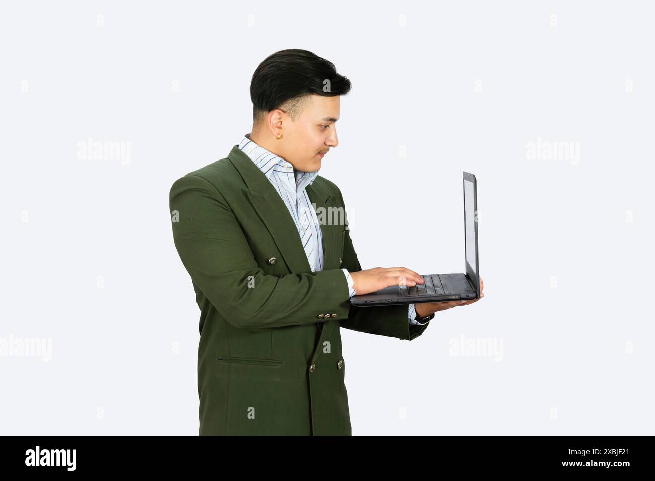 A Business man in formal attire giving gestures and expressions with ...