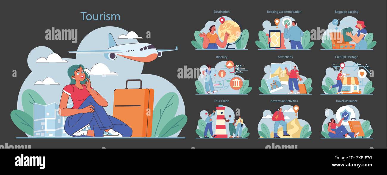Tourism dark or night mode set. People traveling the world seeing ...