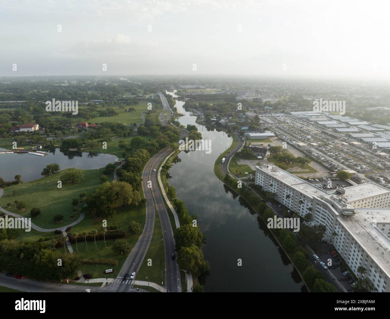 Aerial view of the historic Bayou St. John winding through a lush New ...