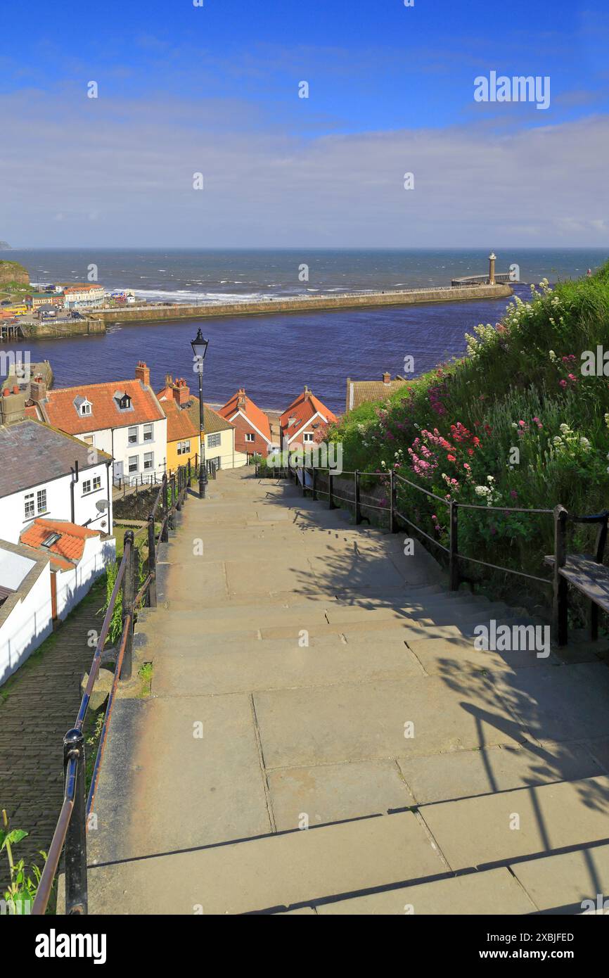 Whitby's famous 199 steps and harbour, Whitby, North Yorkshire, England ...