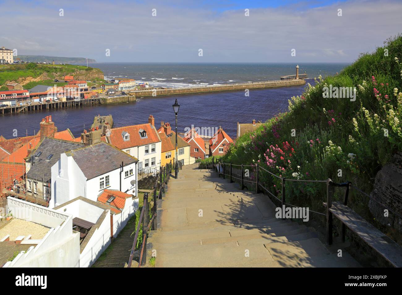 Whitby's famous 199 steps and harbour, Whitby, North Yorkshire, England ...