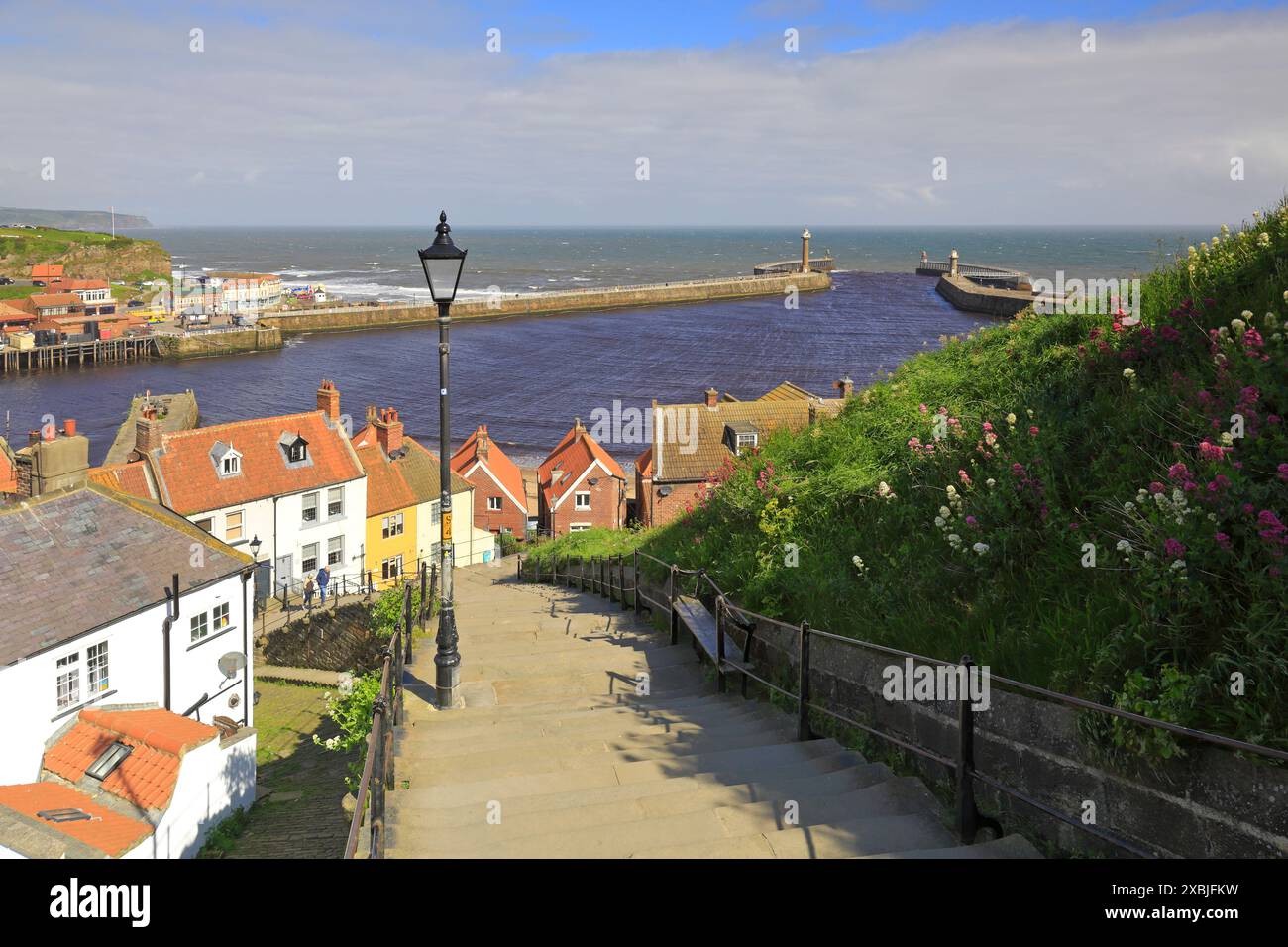 Whitby's famous 199 steps and harbour, Whitby, North Yorkshire, England ...