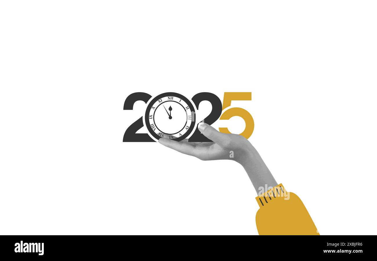 New Year collage, poster female hand holding text 2025, design ...