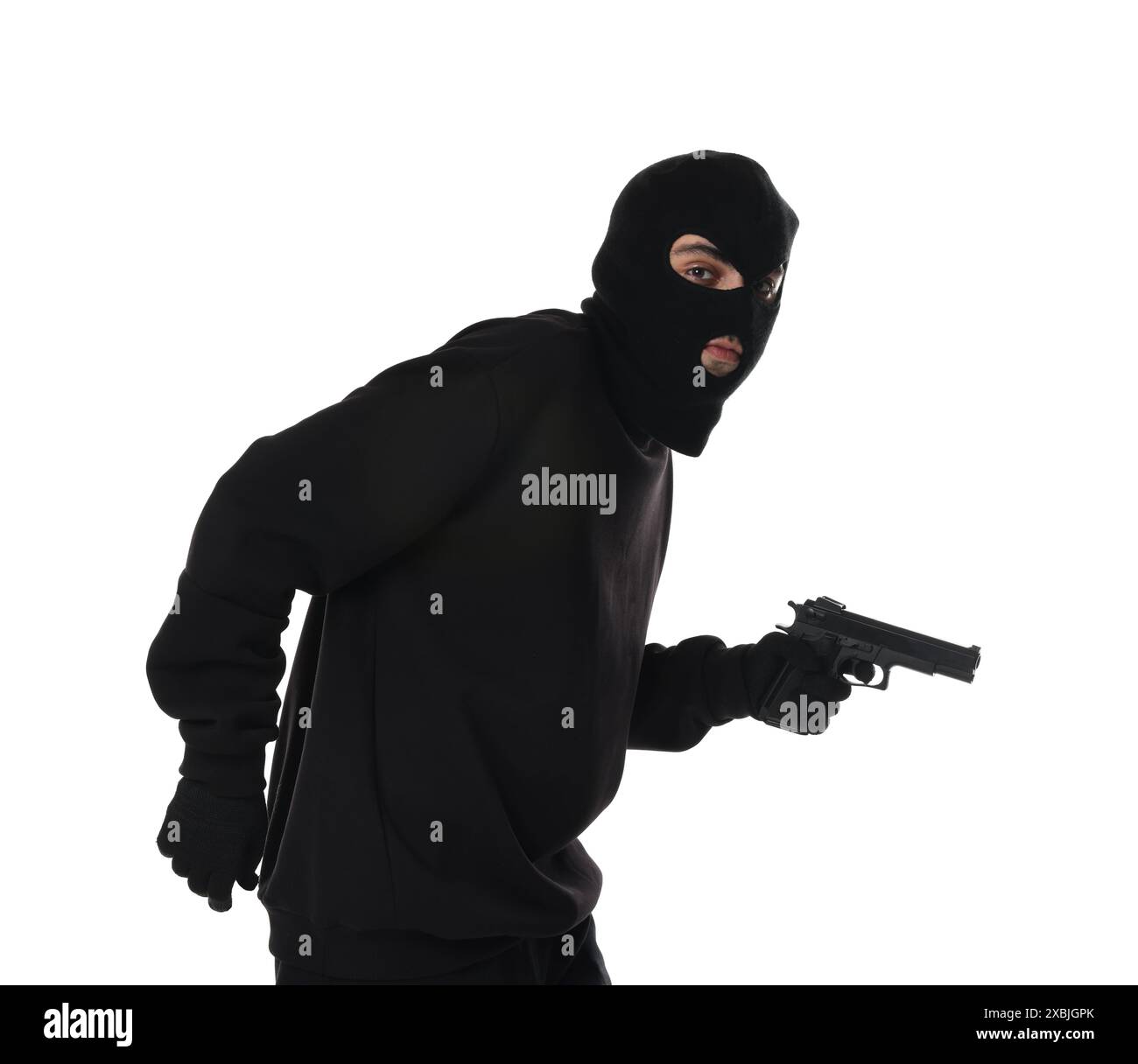 Thief in balaclava with gun on white background Stock Photo - Alamy
