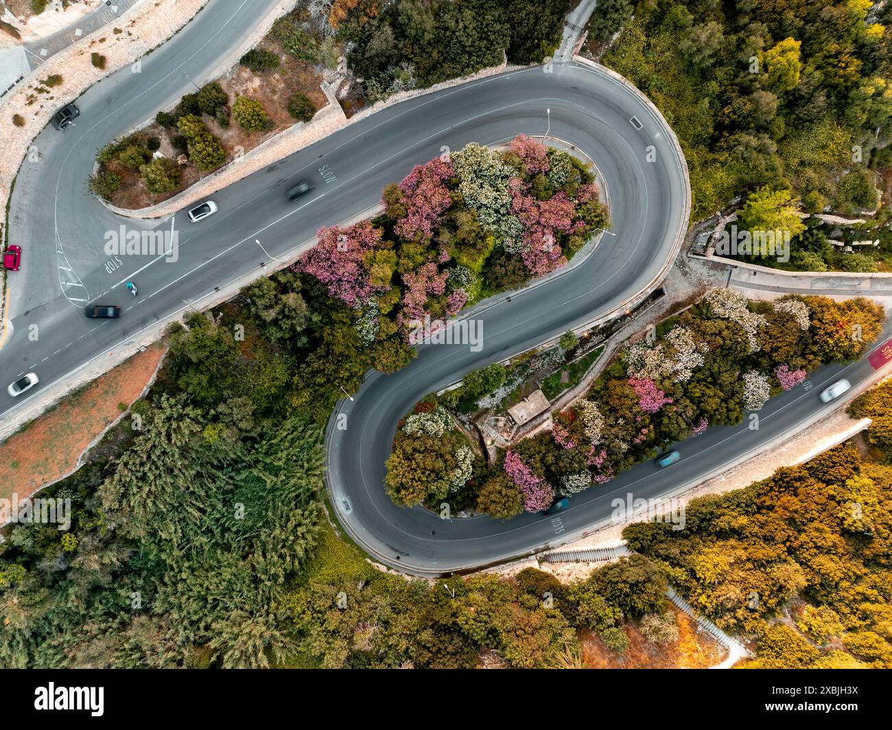 Curves road in Mellieha city. Aerial view. No cars. Clean highway ...
